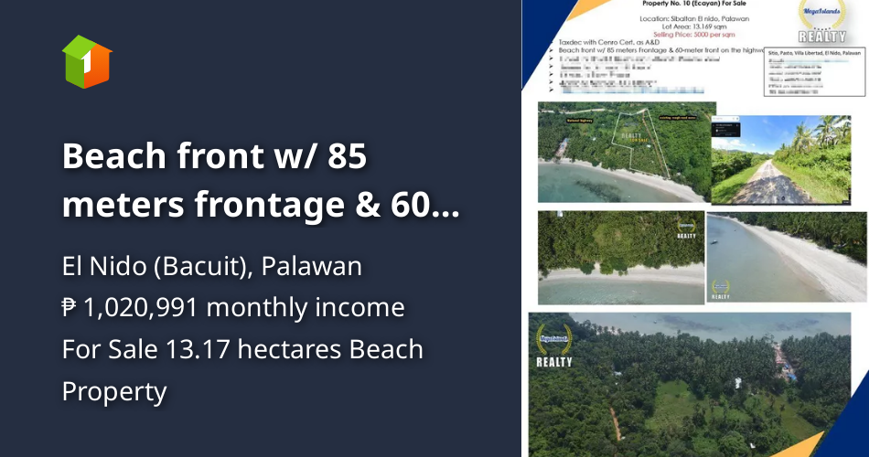 Beach front w/ 85 meters frontage & 60 meter front on the highway ...