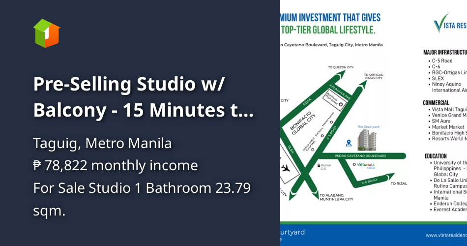 Pre-Selling Studio w/ Balcony - 15 Minutes to BGC - The Courtyard ...