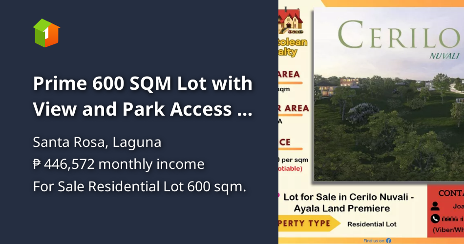 Prime 600 SQM Lot with View and Park Access in Cerilo Nuvali City [Lots ...