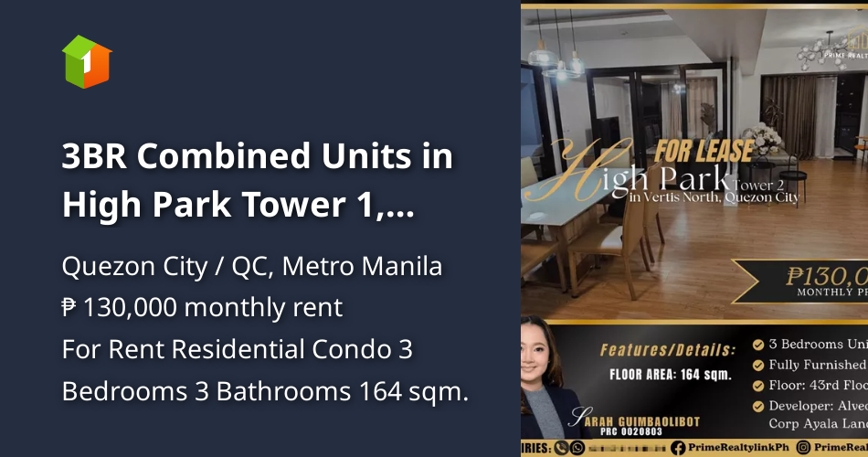 3BR Combined Units in High Park Tower 1, Quezon City for Rent [Condos 🏙 ...