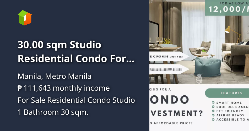 30.00 sqm Studio Residential Condo For Sale in Manila. Beside SM San ...