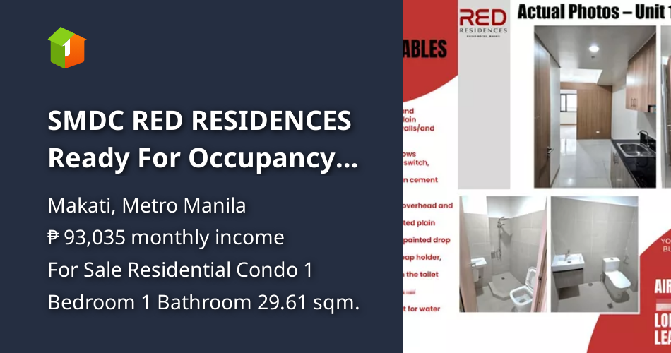 SMDC RED RESIDENCES Ready For Occupancy 29.61 sqm 1-bedroom Residential ...