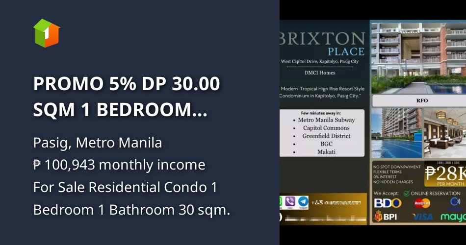 PROMO 5% DP 30.00 SQM 1 BEDROOM CONDO FOR SALE IN PASIG CITY NEAR BGC ...