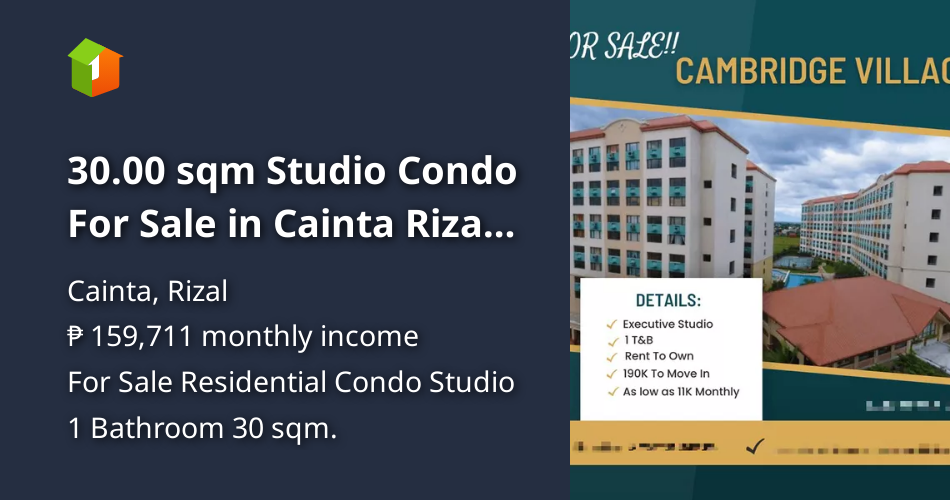 30.00 sqm Studio Condo For Sale in Cainta Rizal near Eastwood/SM East ...