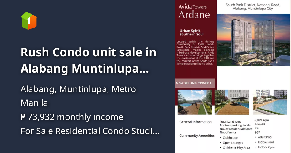 Rush Condo unit sale in Alabang Muntinlupa Metro Manila 23.00 sqm Studio Condo For Sale [Condos ...