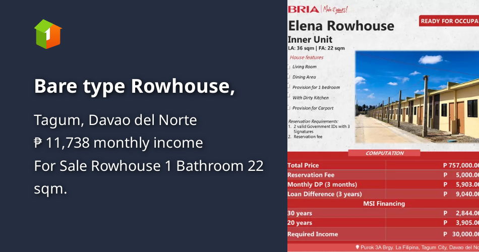 Bare type Rowhouse, [Houses and Lots 🏘️] (July 2023) in Tagum, Davao ...