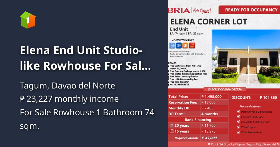Elena End Unit Studio-like Rowhouse For Sale in Tagum Davao del Norte ...